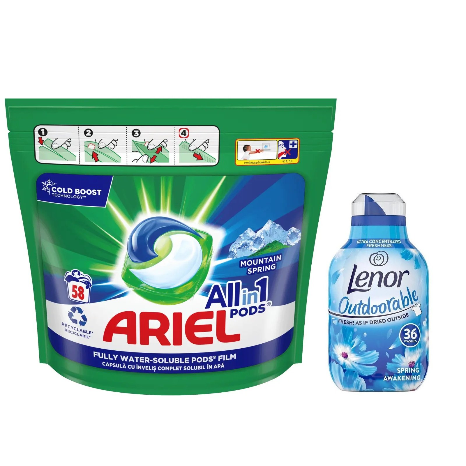 Ariel Mountain Spring 58 All-in-1 Detergent Pods + Lenor 425ml – Mira Mart